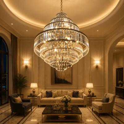 China JYLIGHTING Luxury Multi‑Layer Cone Crystal Suspension Lamp, Stainless Steel Frame Large Decorative Chandelier for High Ceiling Villa & Hotel Lobby for sale