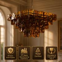 China JYLIGHTING Vintage Multi‑Layered Amber Glass Pendant Chandelier, Brass Frame Hanging Light for High‑End Bar, Restaurant and Commercial Interior Decoration for sale