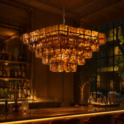 China JYLIGHTING Vintage Multi‑Layered Amber Glass Pendant Chandelier, Brass Frame Hanging Light for High‑End Bar, Restaurant and Commercial Interior Decoration for sale