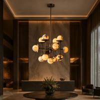 China JYLIGHTING Luxury Multi‑Sphere Brass Alabaster Chandelier, Artistic Planet‑Shaped Hanging Light for Commercial & High‑End Residential Spaces for sale