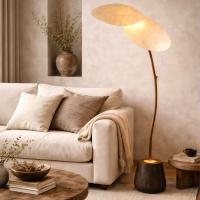 China JYLIGHTING Wabi‑Sabi Curved Wood Fabric Shade Floor Lamp, Dual‑Shade Standing Ambient Light for Sofa Side, Villa and Upscale Residential Projects for sale