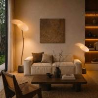 China JYLIGHTING Wabi‑Sabi Curved Wood Fabric Shade Floor Lamp, Dual‑Shade Standing Ambient Light for Sofa Side, Villa and Upscale Residential Projects for sale