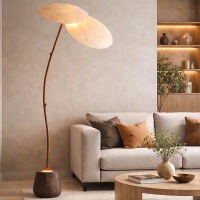 China JYLIGHTING Wabi‑Sabi Curved Wood Fabric Shade Floor Lamp, Dual‑Shade Standing Ambient Light for Sofa Side, Villa and Upscale Residential Projects for sale