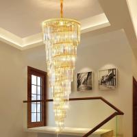 China JYLIGHTING Long Staircase Crystal Chandelier with Gold Iron Frame, Height Adjustable Tiered Pendant Light for High Ceiling Villa & Atrium for sale