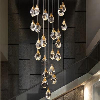 China JYLIGHTING Custom Multi-head Spiral Crystal Staircase Chandelier, Brass Frame Long Drop Pendant Light, Modern Luxury Ceiling Lamp for High Ceiling Villa Stairwell & Hotel Atrium Engineering Lighting for sale