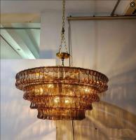 China JYLIGHTING Custom Multi-tiered Amber Curved Glass Chandelier, Brass Frame Round Ceiling Lamp, Luxury Vintage Pendant Light for Villa Living Room & Hotel Lobby Engineering Lighting for sale
