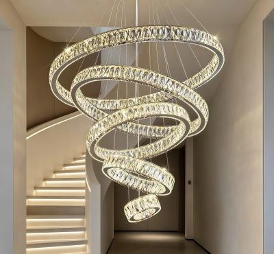 China JYLIGHTING Multi-ring Spiral Crystal Chandelier, Stainless Steel Frame Long Drop Suspension Light, Modern Luxury Ceiling Lamp for High Ceiling Villa Stairwell & Hotel Atrium Engineering Lighting for sale