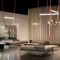 China JYLIGHTING Artistic Arch LED Chandelier with Leather & Silicone Light Strip, Height Adjustable Linear Pendant Lamp for Home & Commercial Space Lighting for sale