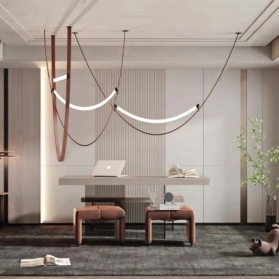 China JYLIGHTING Artistic Arch LED Chandelier with Leather & Silicone Light Strip, Height Adjustable Linear Pendant Lamp for Home & Commercial Space Lighting for sale