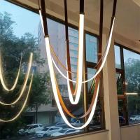 China JYLIGHTING Artistic Arch LED Chandelier with Leather & Silicone Light Strip, Height Adjustable Linear Pendant Lamp for Home & Commercial Space Lighting for sale