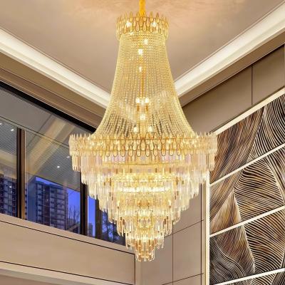 China JYLIGHTING Luxury Tiered Crystal Suspension Chandelier, Golden Tassel Crystal Ceiling Light for Double Height Hall, Grand Stairwell and Commercial Interior Projects for sale