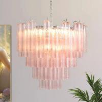 China JYLIGHTING Modern Multi-layer Pink Fluted Glass Chandelier with Iron Bracket, Custom Round Hanging Light, Decorative Ceiling Lamp for Hotel Dining Room & High-end Residential Space for sale