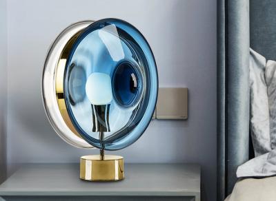 China Glass Blue Color 220V Dia 27cm Height 43cm Bedroom Table Lamps for sale
