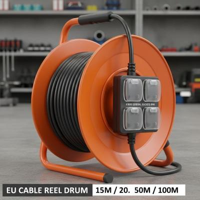 China 4 Way General Sockets IP44 Retractable Iron 15M 20m 50m 100m Cord Reel Customized Length EU Cable Reel Drum for sale