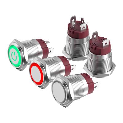 China 16mm Metal Illuminated Power Switch 15A High-Current Self-Locking Momentary Flat Head 1NO (Short Type) with Max. 220v Voltage for sale