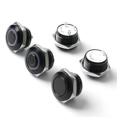 China 16mm Self-reset Micro-stroke Ultra-short Waterproof Metal Push Button Switch Oxidized Black 1NO for sale