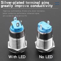 China 12mm Metal Push Button Switch LED Lights Copper Nickel Plated Shell 1NO Latching 4Pins High/Flat Head 6V 24V 220V IP65 3A Max for sale