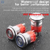 China 19MM Metal Push Button Switch With LED 2NO2NC Momentary Latching IP67 Stainless Steel 8 Pins Flat Head for sale