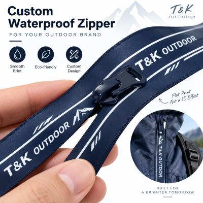 China Custom Waterproof Metal Zipper with Auto Lock and Printed Logo for Outdoor Jackets and Sportswear for sale