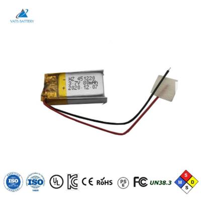 China HZ451220 3.7V 80mAh Lithium Polymer Pouch Battery For Smart Shoes & Small Electronics for sale