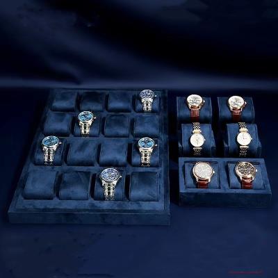 China MDF High End Velvet Watch Presentation Tray Dark Blue Watch Showcase Display for sale
