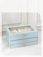 China Metal Leatherette Light Blue Jewelry Cases Durable Jewelry Box With Window for sale
