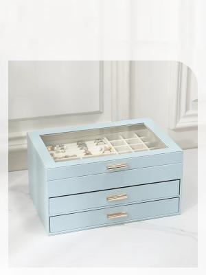China Metal Leatherette Light Blue Jewelry Cases Durable Jewelry Box With Window for sale