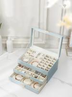 China Metal Leatherette Light Blue Jewelry Cases Durable Jewelry Box With Window for sale