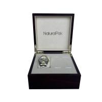 China Custom Wine Red Wood Paper Packaging Box Silver Metal Logo Watch Set Box for sale