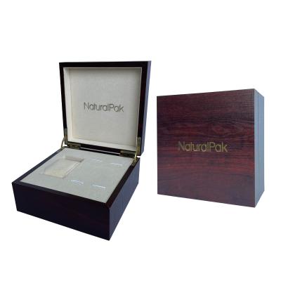 China Custom Wine Red Wood Paper Packaging Box Silver Metal Logo Watch Set Box for sale