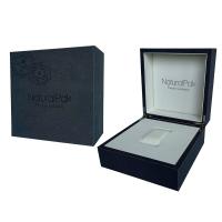 China Cream PU Wood Wrist Watch Packaging Box Embossed Logo Watch Box For Men for sale