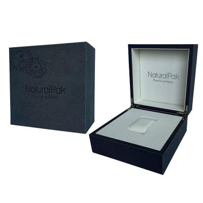 China Cream PU Wood Wrist Watch Packaging Box Embossed Logo Watch Box For Men for sale