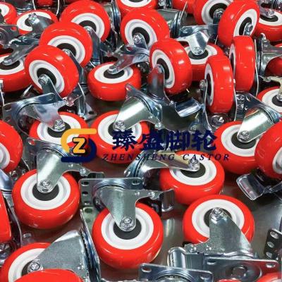 China 4 Inch Red Polyurethane Caster 100mm 6 Holes Plate Double Ball Bearing Double Brake PU Castor Wheel for sale