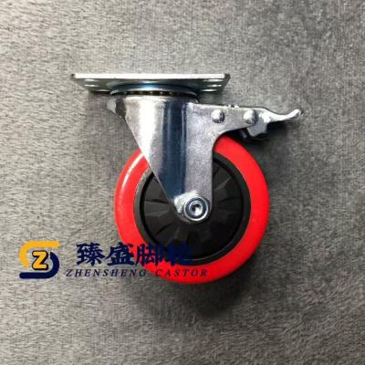 China 4 Inch Red Polyurethane Caster Wheel with Double Brake 100mm Heavy Duty Swivel Caster for sale