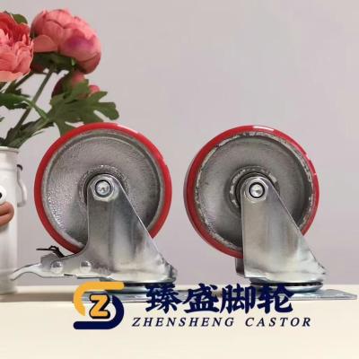 China 4 Inch Red PU Cast Iron Swivel Caster Wheel 300 lbs Load Capacity for Trolley for sale