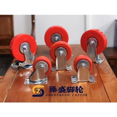 China 5 Inch Red Polyurethane Caster Wheel 5 Swivel Double Brake Heavy Duty Iron Hub for sale