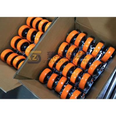 China 100mm Orange PVC Caster Wheels with Brake 4 Heavy Duty Double Ball Bearing Casters for sale