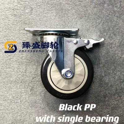 China 4 Inch Black Polypropylene Castor 100mm Top Plate Caster Wheel with Brake and Single Ball Bearing for sale