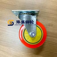 China 4 Inch 100mm Orange Yellow PU Caster Wheels 360 Degree Swivel Zinc Coated Dolly for sale