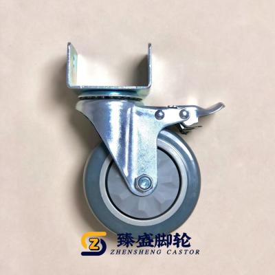 China Gray PP U Bracket Caster Wheels 4 Inch Single Ball Bearing Double Brake for sale