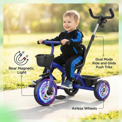 China Magnetic Light Wheel Childrens Tricycle Black Blue Airless Tires with Anti Tipping Frame 50KG for sale