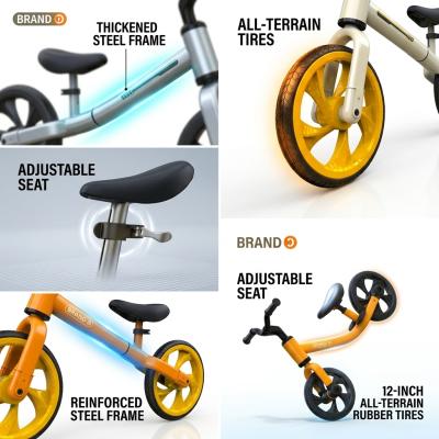 China 12-Inch Rubber Tire Children Balance Bike Adjustable Handlebar 360 Degree Steering Steel Frame Kids for sale