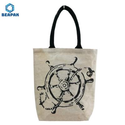 China Reusable Grocery Bag Tote Cotton Jute Bags Burlap With Leather Handle for sale