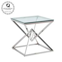 China 50cmx50cmx55cm Stainless Steel Side Tables For Living Room with Glass Top for sale