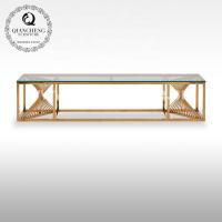 China Gold Silver OEM Stainless Steel TV Stand With 12mm Tempered Glass for sale