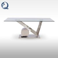 China clear 0.4CBM Tempered Glass Dining Table V Shape SS201 Base For Restaurant for sale