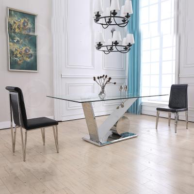 China clear 0.4CBM Tempered Glass Dining Table V Shape SS201 Base For Restaurant for sale