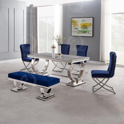 China Luxury 180x90x75cm SS Steel Furniture Dining table With 20mm Marble Top for sale