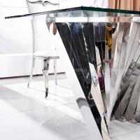 China Rectangular 70 inch Minimalist Glass Dining Table Curve Polished Chrome SS Frame for sale