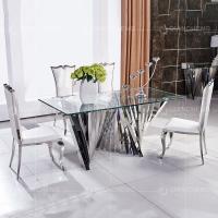 China Rectangular 70 inch Minimalist Glass Dining Table Curve Polished Chrome SS Frame for sale